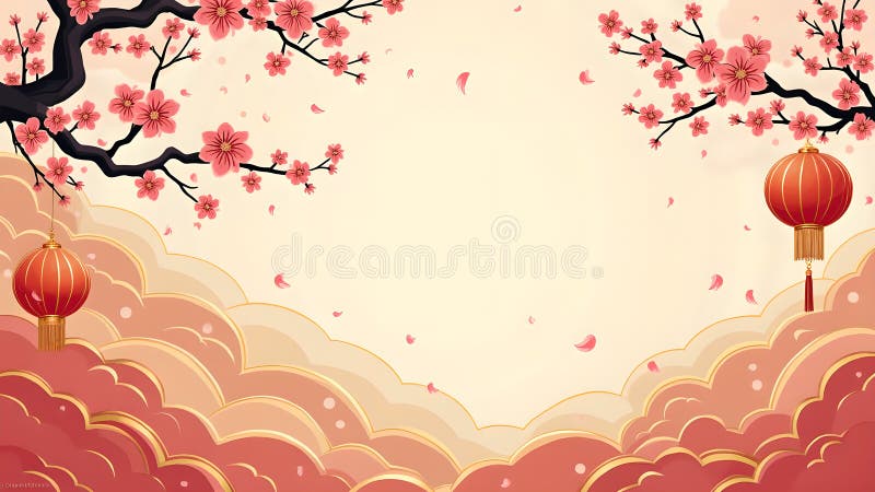 Chinese New Year Background with Cherry Blossoms and Lanterns. Concept ...