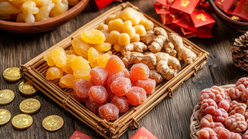 Chinese New Year Candies, Ginger, and Red Envelopes Stock Illustration ...