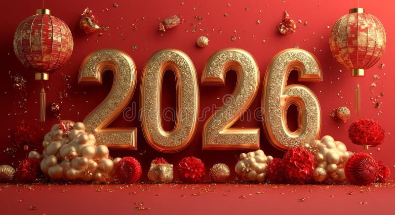 The 2026 Chinese New Year Celebration with Festive Gold Numbers, Red ...