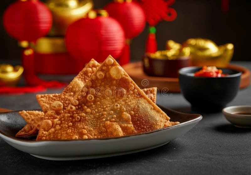 Chinese New Year Celebration with Fried Wontons and Red Lanterns. Stock ...
