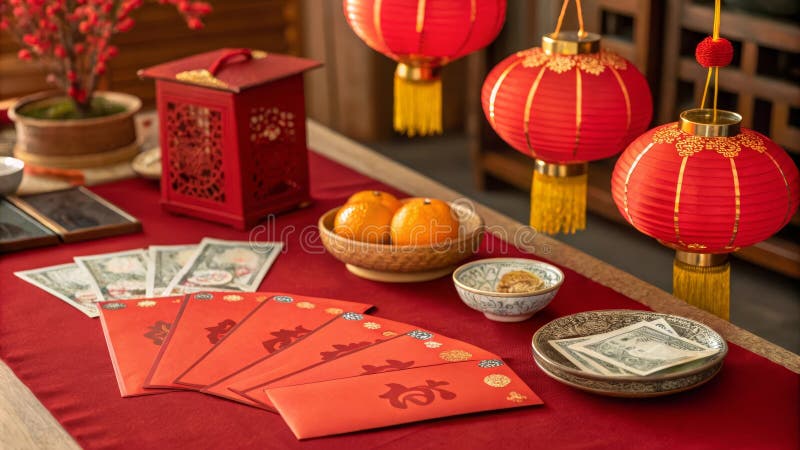 Chinese New Year Celebration with Red Envelopes, Lanterns, and Oranges ...