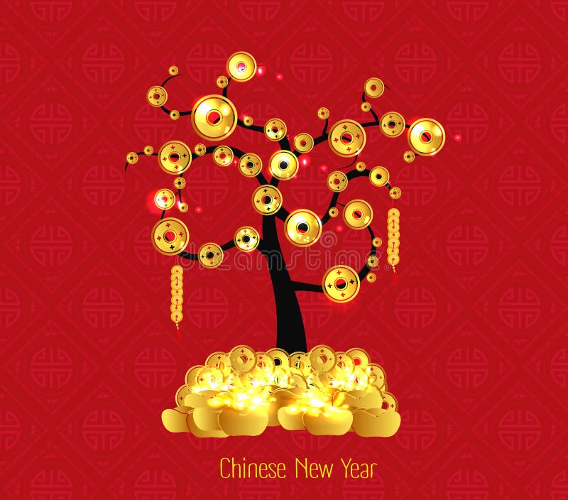 Chinese New Year Celebration. Tree Coin and Gold Stock Illustration ...