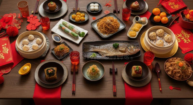 Chinese New Year Feast a Bountiful Reunion Dinner Stock Illustration ...