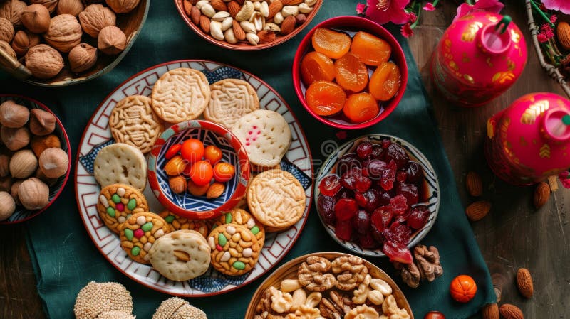 Chinese New Year Feast with Traditional Sweets and Decorations Stock ...