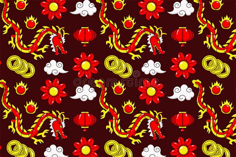 Chinese New Year Icon Pattern. Dragons, Lanterns, Gold, Koi Fish and ...