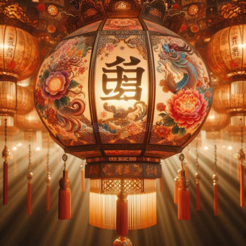 Chinese New Year Lantern Adorned with Blessing Words Stock Illustration ...
