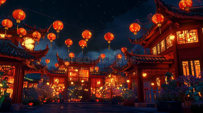 Chinese New Year Lantern Display Illuminating a Night Sky Stock ...