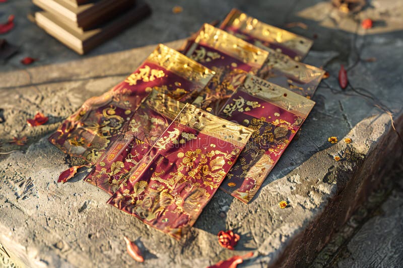 Chinese New Year Paper Notes with Decorations on a Concrete Surface ...