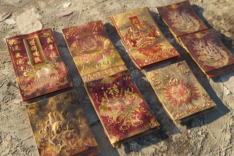 Chinese New Year Paper Notes with Decorations on a Concrete Surface ...