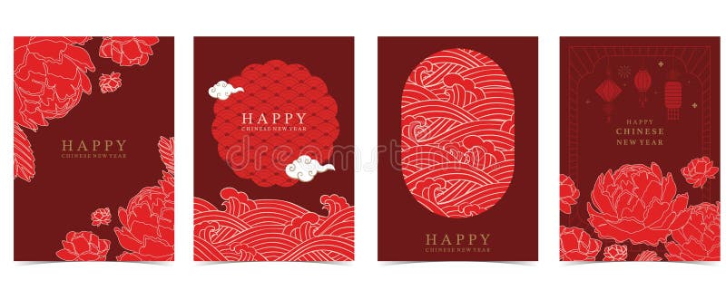 Chinese New Year with Peony,lantern,circle and Minimal Line Frame Stock ...