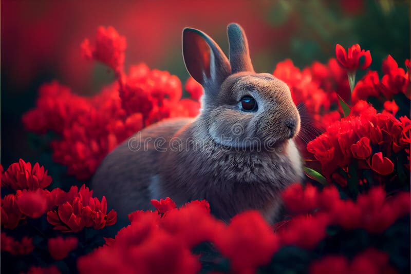 Chinese New Year 2023 Year of the Rabbit. Bunny Rabbit with Red Flowers ...