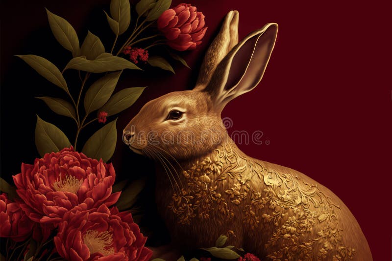 Chinese New Year 2023 Year of the Rabbit. Gold Bunny Rabbit with Red ...
