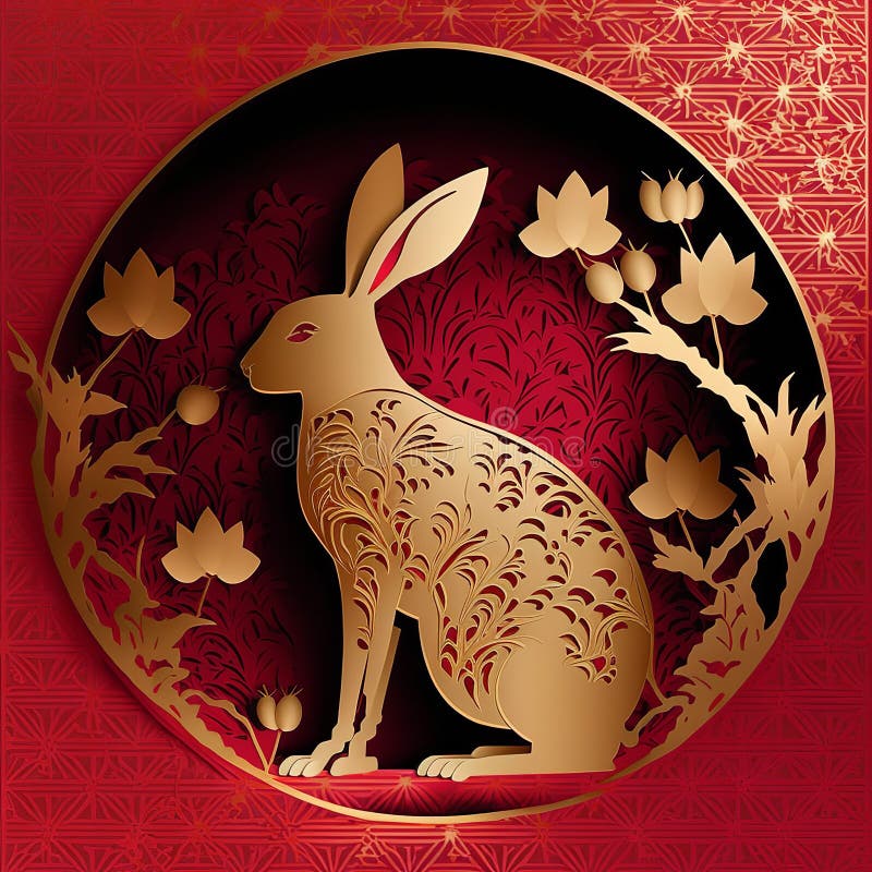 Chinese New Year 2023 Year of the Rabbit. Gold Bunny Rabbit with Red ...