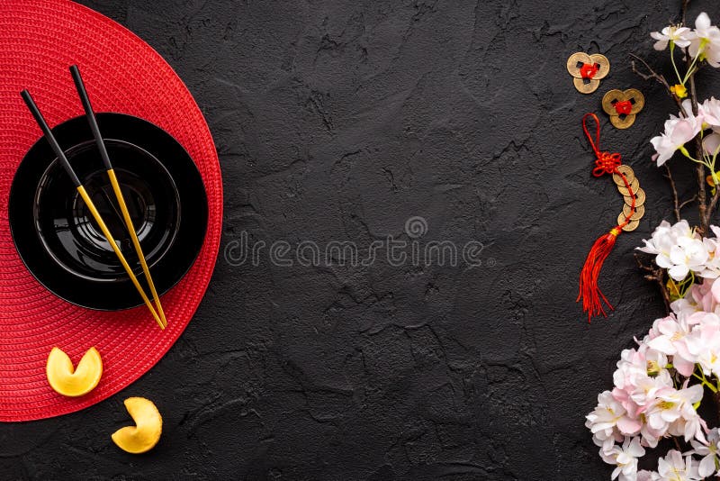 Chinese New Year with Red Bamboo Mat for Tabble Place Setting Stock ...