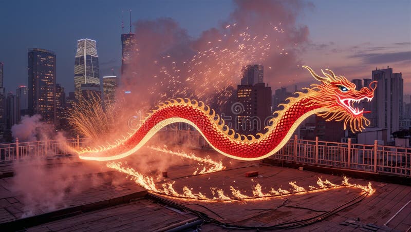 Chinese New Year Rooftop Fire Show with Dragon-shaped Spark Trails ...