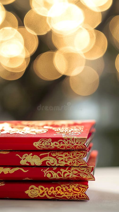 Chinese New Year Stack of Red Envelopes Glittering with Golden Patterns ...