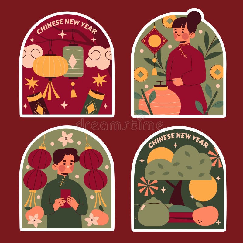 Chinese New Year Stickers Collection Abstract Design Vector ...