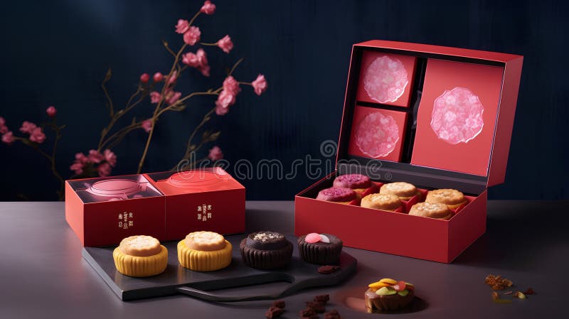 Chinese New Year Sweets in a Red Gift Box. 3D Rendering Stock ...