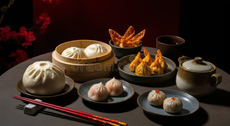 Chinese New Year Table Setting with Dim Sum and More Dishes Stock ...