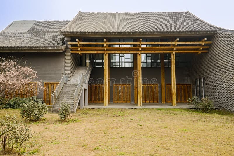 Chinese Old-fashioned Building with Grassy Lawn in Sunny Spring Stock ...