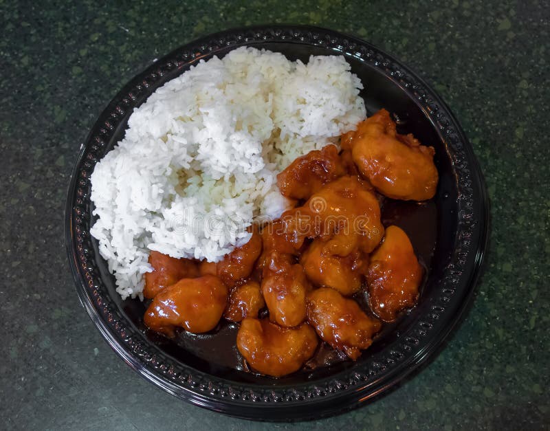 Chinese Orange Chicken with White Rice Stock Image - Image of black ...