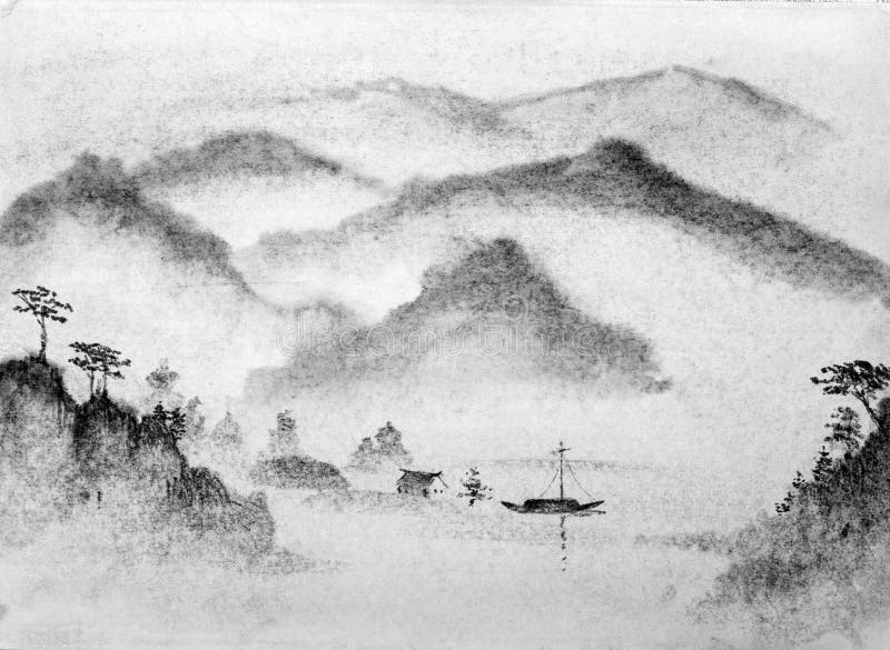 Chinese Painting Mountains and Water Stock Illustration - Illustration ...