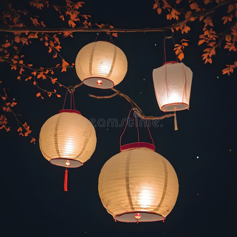 Chinese Paper Lanterns Fly and Light, AI-generated Stock Illustration ...