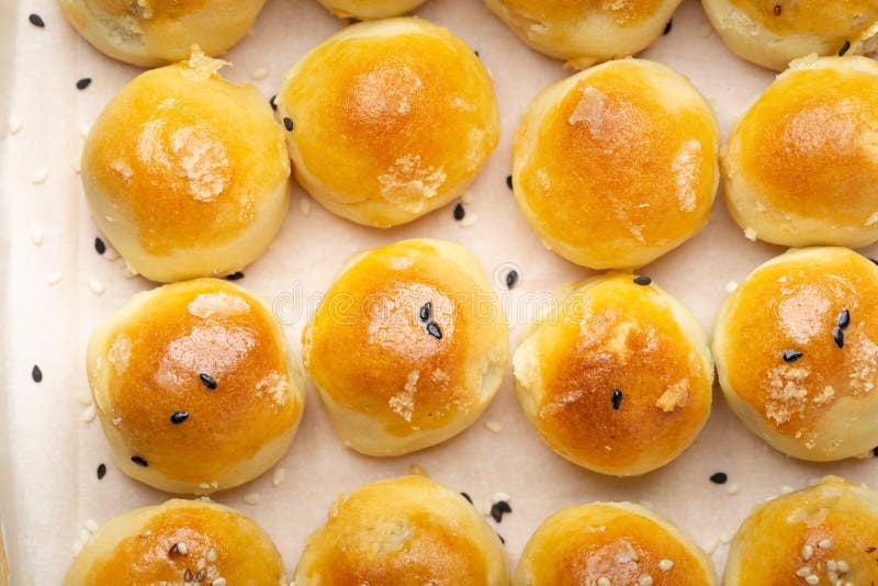 Chinese Pastry Filled with Mung Bean Paste, Taro, and Salted Egg Stock ...