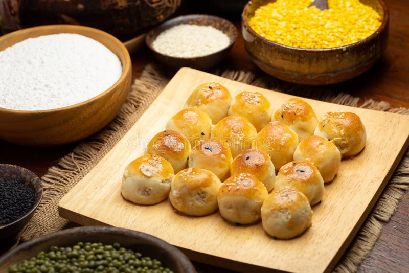 Chinese Pastry Filled with Mung Bean Paste, Taro, and Salted Egg Stock ...