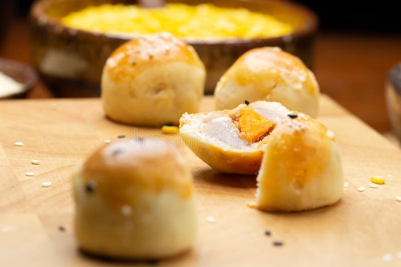 Chinese Pastry Filled with Mung Bean Paste, Taro, and Salted Egg Stock ...