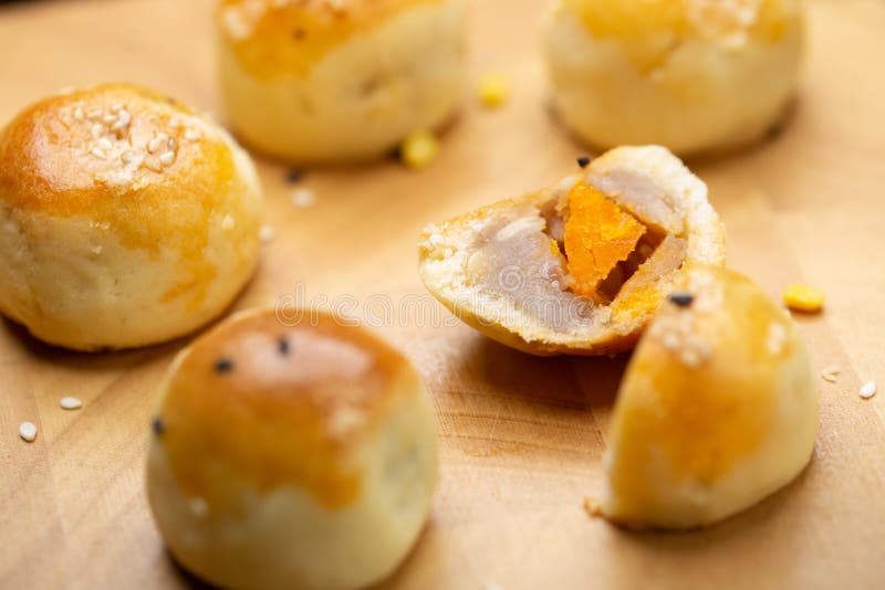 Chinese Pastry Filled with Mung Bean Paste, Taro, and Salted Egg Stock ...