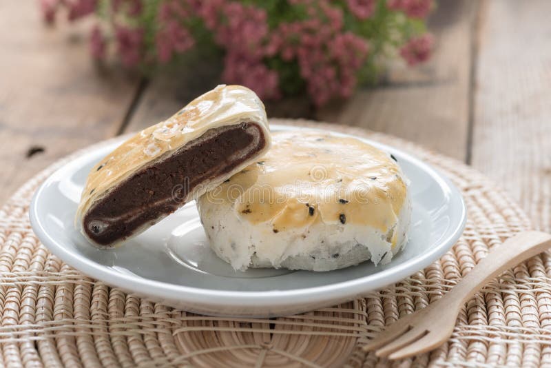 Chinese Pastry, Pie Red Bean with Black Sesame on White Plate. Stock ...