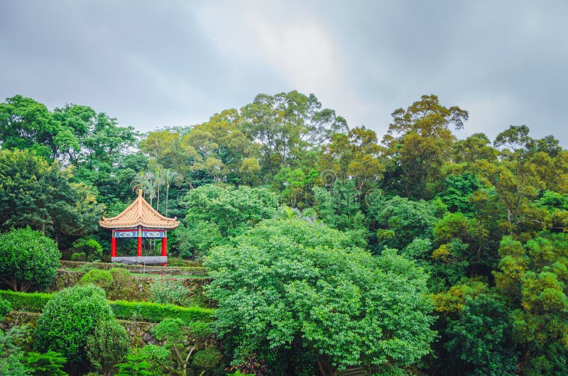 Chinese Pavilion and Temples at the Chinese Garden within a Park with ...
