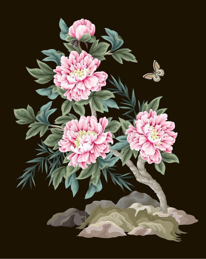 Chinese Peonies and Butterfly Isolated. Vector. Stock Vector ...