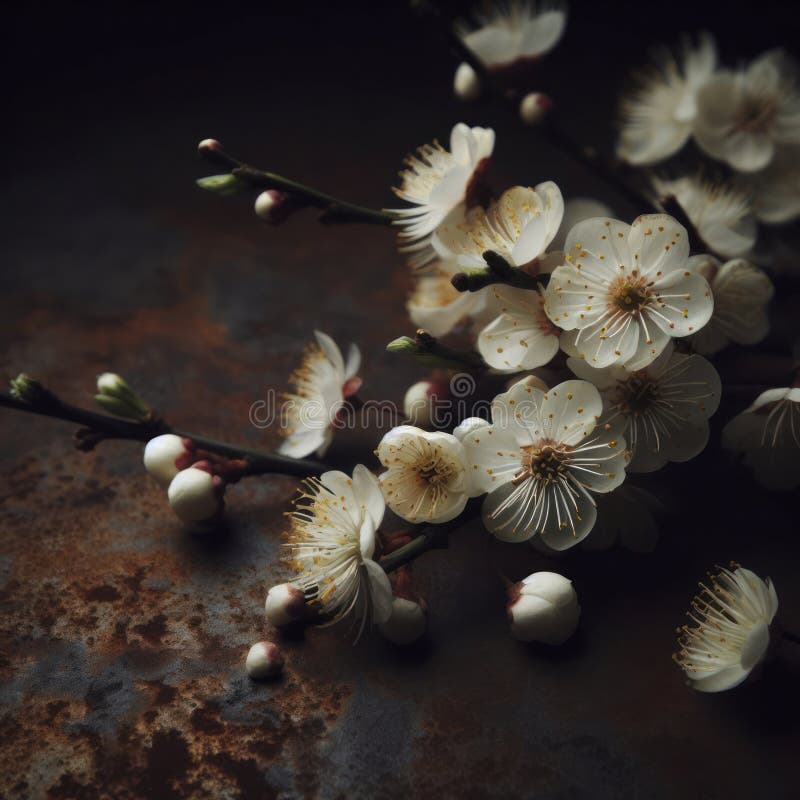 Chinese Plum Flowers on Rusty Dark Background Closeup. Ai Generative ...