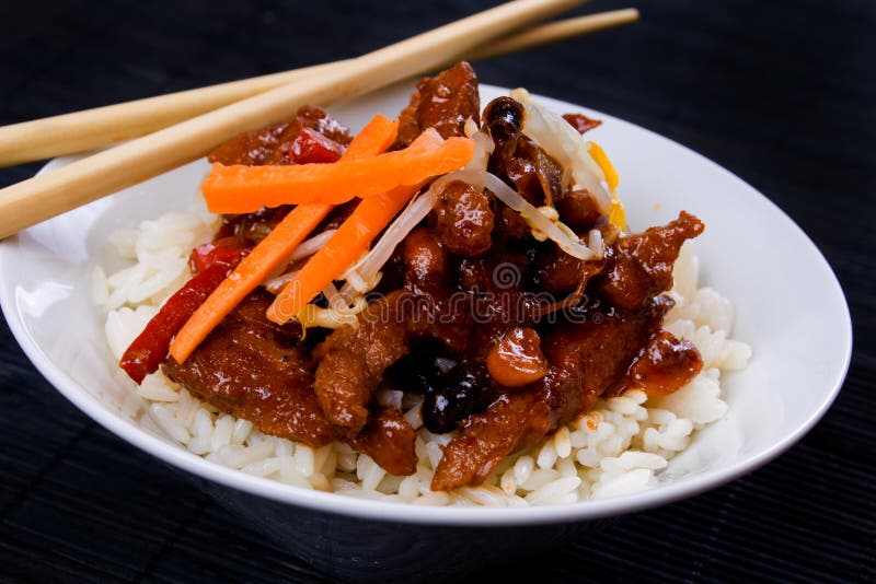 Chinese Pork Meat with Rice Stock Photo - Image of vegetable, cooked ...