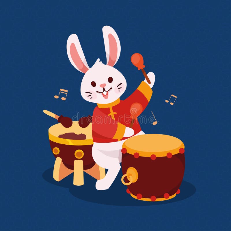 Chinese rabbit with drums stock vector. Illustration of instrument ...