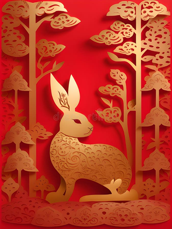 Chinese Rabbit with Red and Gold Paper Cut, Ai Generated Stock ...