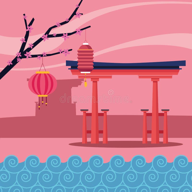 Red Chinese Gate Icon Cartoon Blue Lines Stock Vector - Illustration of ...