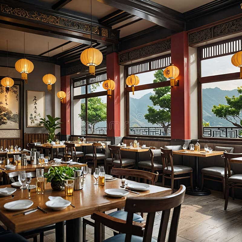 Chinese Restaurant Interior, Lantern, Chinese Pattern Grille Stock ...