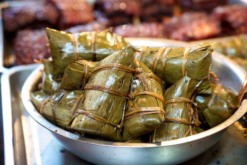 Rice Dumplings or Zongzi with Tea Stock Photo - Image of china, meat ...