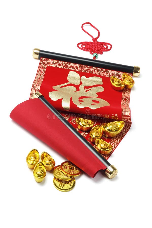 Chinese Scroll and Gold Ingots Stock Image - Image of greetings, gold ...