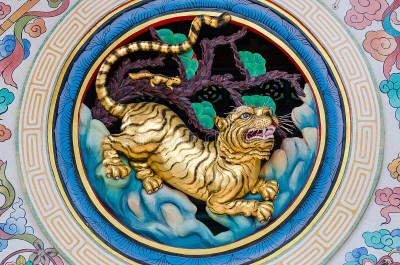 Tiger Statue Decorate on Chinese Shrine`s Wall. Stock Photo - Image of ...