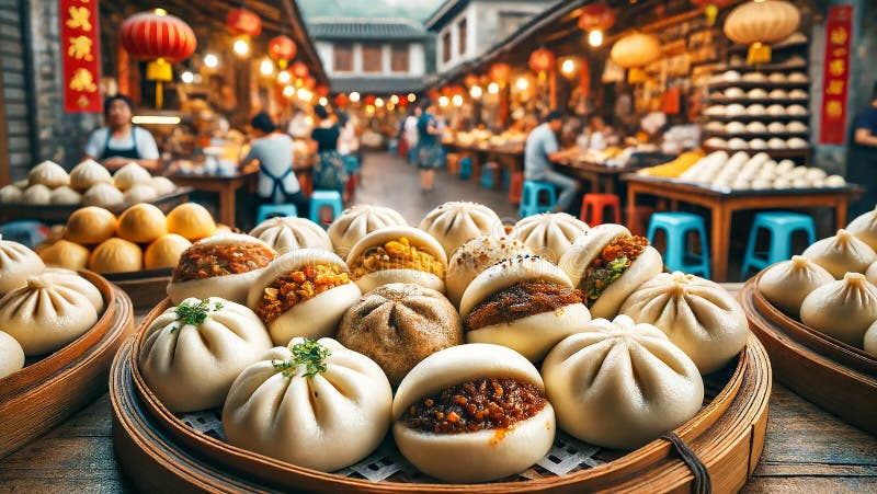 Chinese Steamed Buns Baozi Stuffed with Various Fillings Stock ...