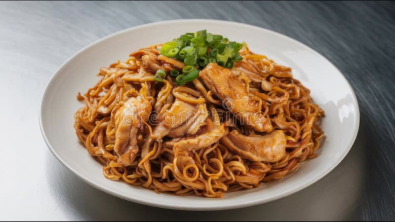 Chinese Stir-fried Noodles with Chicken Served on a White Plate Stock ...