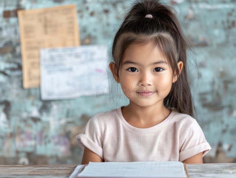Chinese Student Girl with Ponytail Concentrating on Homework Stock Illustration - Illustration ...