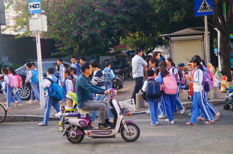 Chinese Students Home after School through Traffic Intersection ...