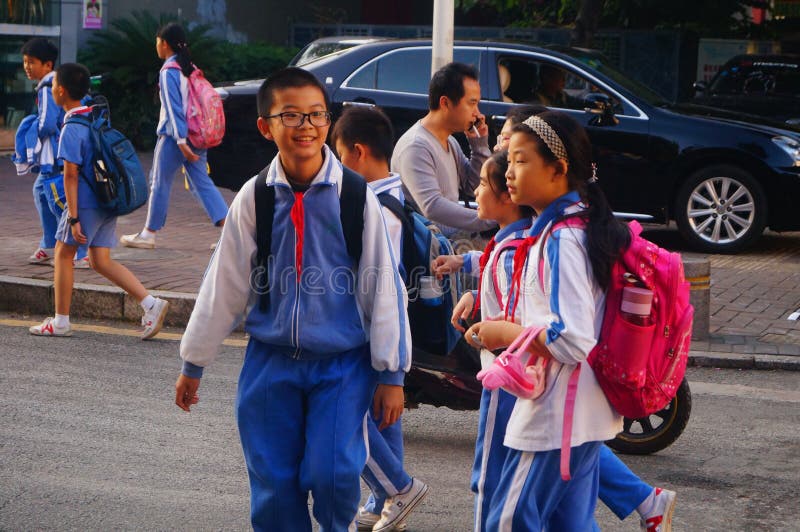 Chinese Students Home after School through Traffic Intersection ...