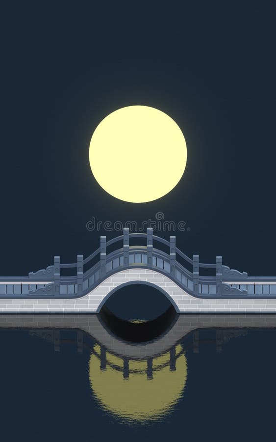 Chinese Style Bridge with Full Moon Background, 3d Rendering Stock ...
