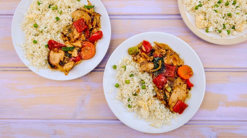 Chinese Style Chicken and Ginger with Rice Stock Photo - Image of peas ...